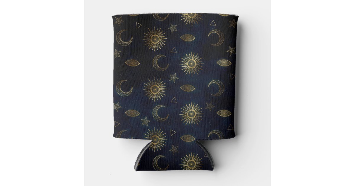 Celestial Blue Gold Sun Moon Stars Can Cooler | Zazzle