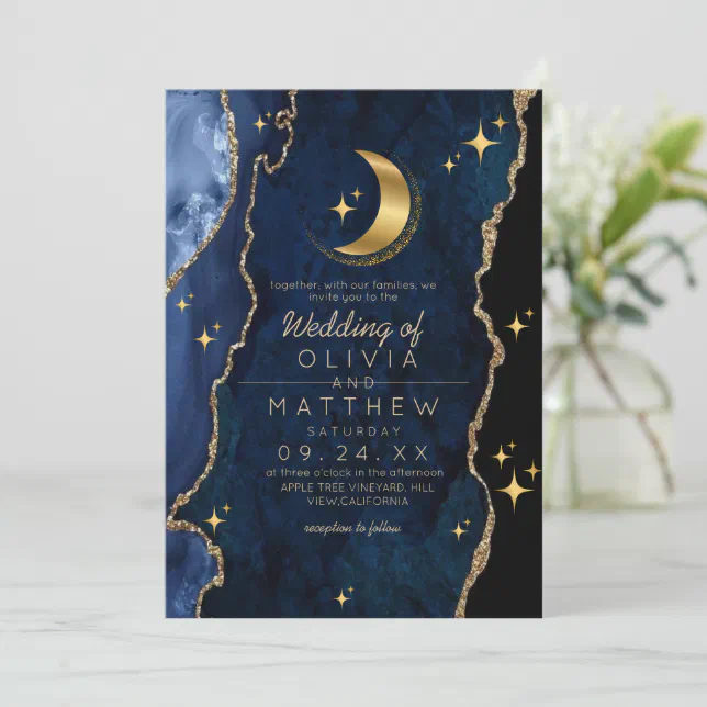 Celestial Blue Wedding Midnight Stars Moon Invitation | Zazzle