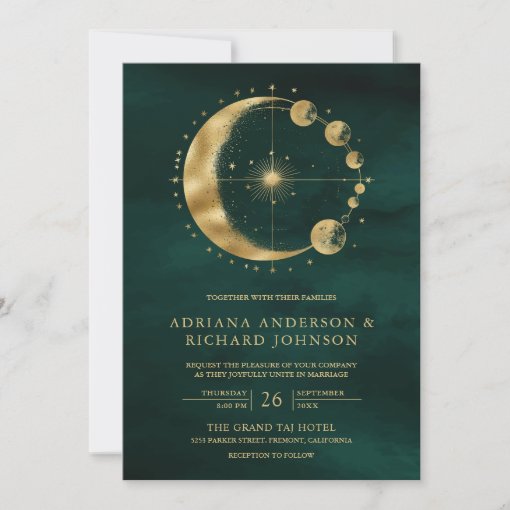 Celestial Emerald Gold Crescent Moon Phase Wedding Invitation | Zazzle