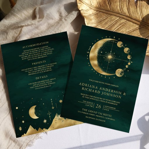 Celestial Emerald Gold Crescent Moon Phase Wedding Invitation | Zazzle