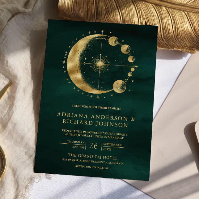 Celestial Emerald Gold Crescent Moon Phase Wedding Invitation | Zazzle
