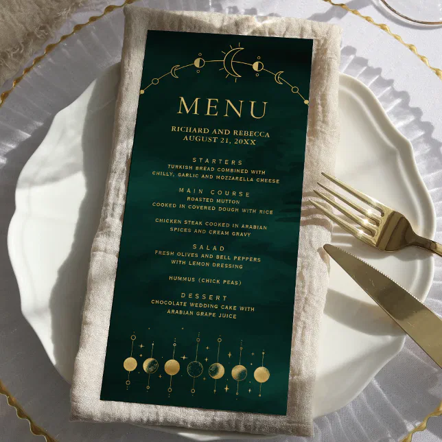 Celestial Emerald Gold Crescent Moon Phase Wedding Menu | Zazzle