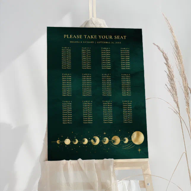 Celestial Emerald Gold Moon Wedding Seating Chart Foam Board | Zazzle
