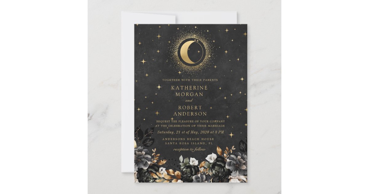 Celestial Floral Black Stars Moon Wedding Invitation | Zazzle
