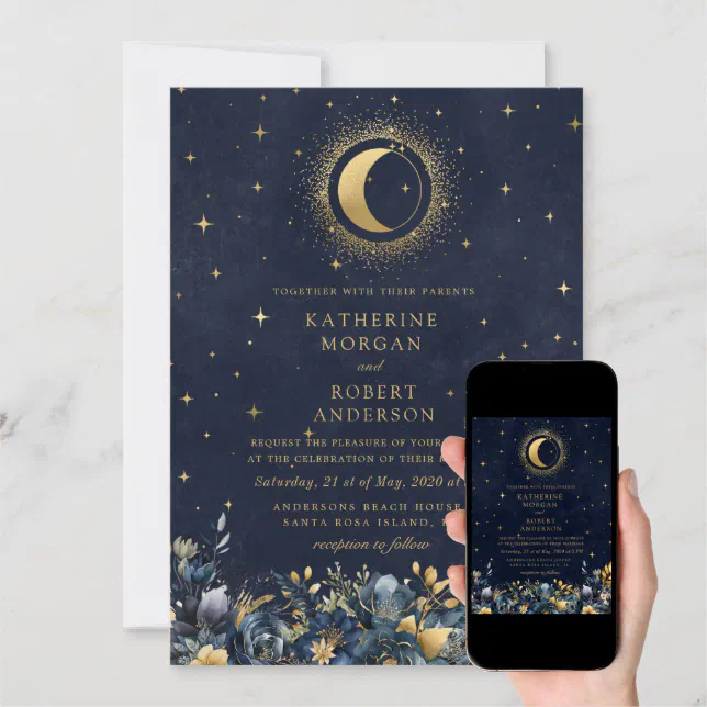 celestial floral blue stars moon Wedding Invitation | Zazzle