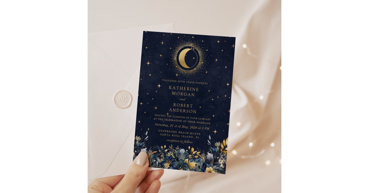 Celestial Floral Blue Stars Moon Wedding Invitation | Zazzle