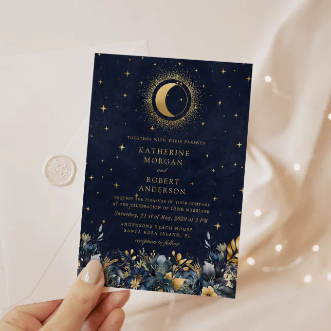 Celestial Floral Blue Stars Moon Wedding Invitation | Zazzle