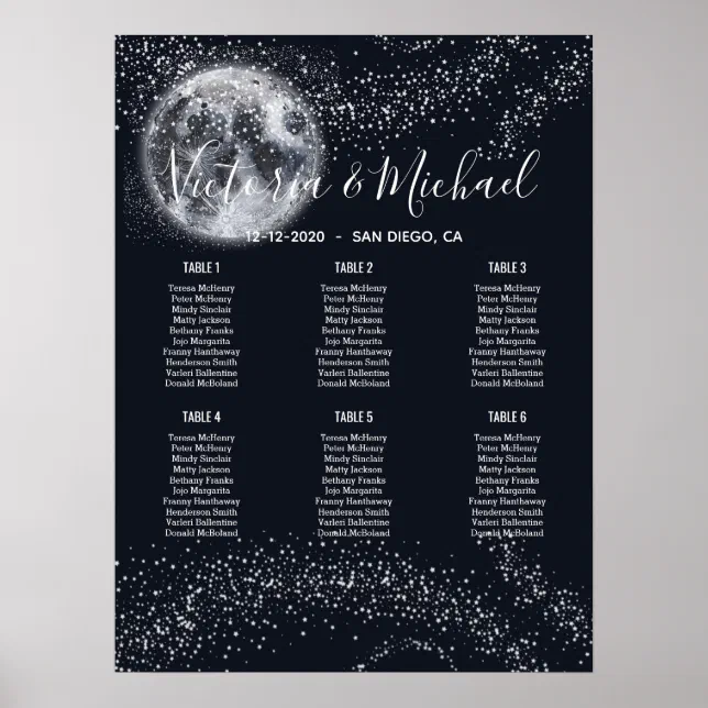 Celestial Full Moon and Stars Seating Chart | Zazzle