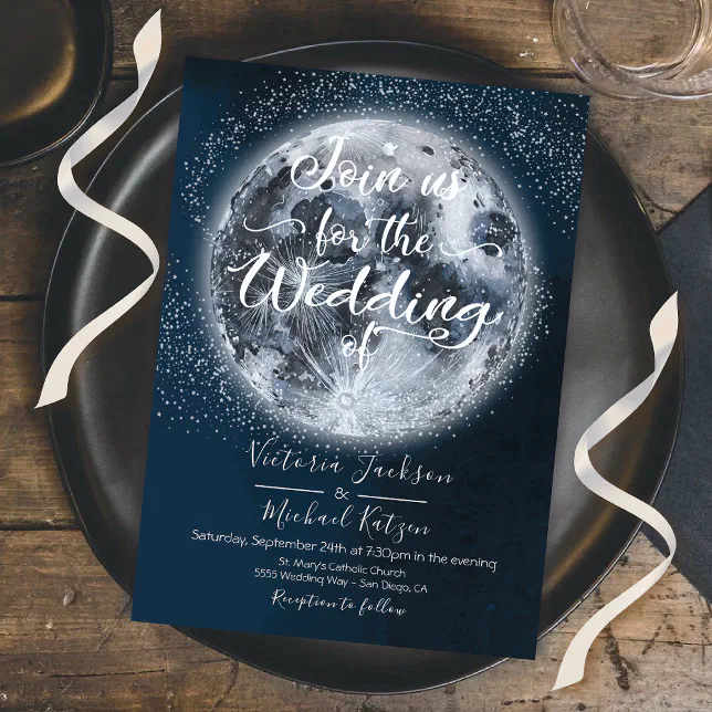Celestial Full Moon and Stars Wedding invitations | Zazzle