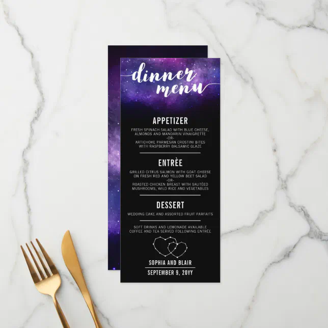 Celestial Galaxy Hearts Stars Wedding Dinner Menu | Zazzle