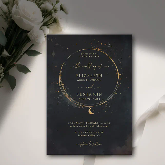 Celestial Gift Moody Dark Elegant Gold Wedding Invitation | Zazzle