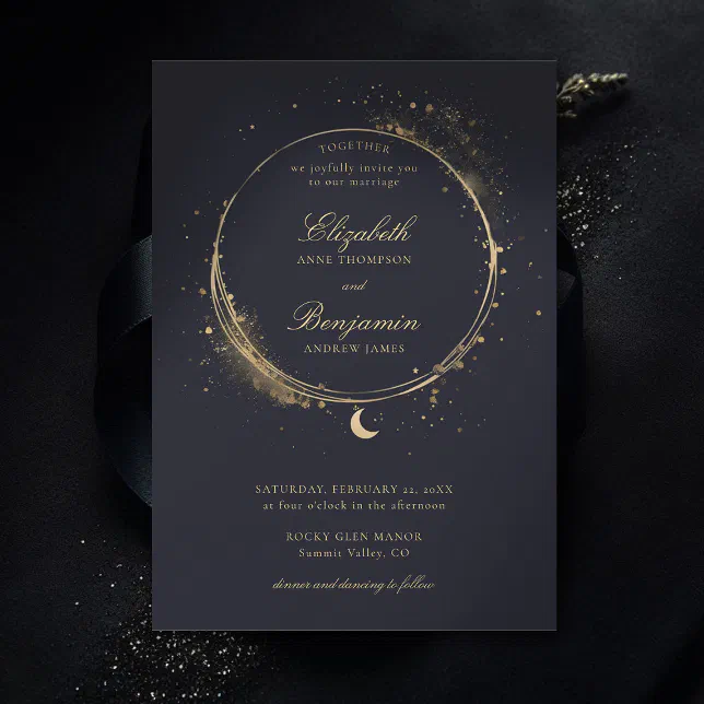 Celestial Gift Moody Navy Elegant Gold Wedding Invitation | Zazzle