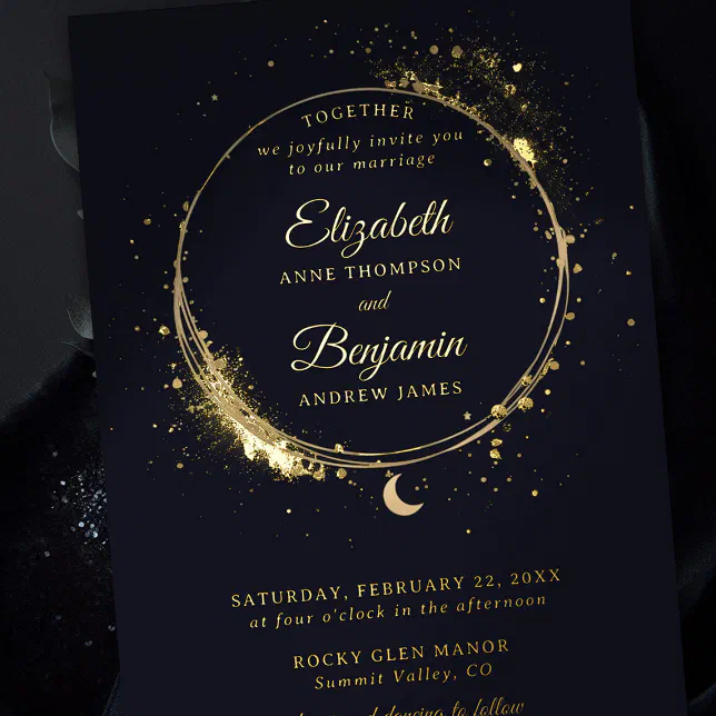 Celestial Gift Moody Navy Elegant Wedding Gold Foil Invitation | Zazzle