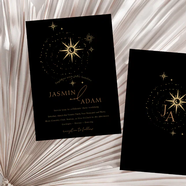 Celestial Gold and Black Stars Wedding Invitation | Zazzle