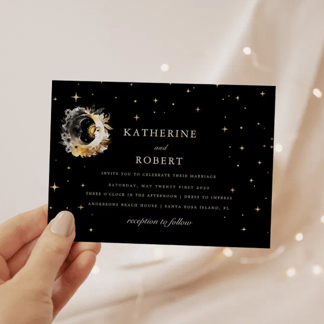 Celestial Gold Black Duality Moon Wedding Invitation | Zazzle
