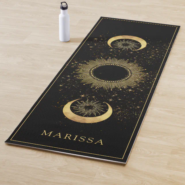 Celestial Gold Black Sun Moon Phase Personalized Yoga Mat | Zazzle