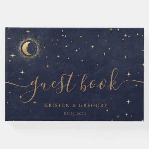 Celestial Gold Crescent Moon Wedding Guest Book | Zazzle