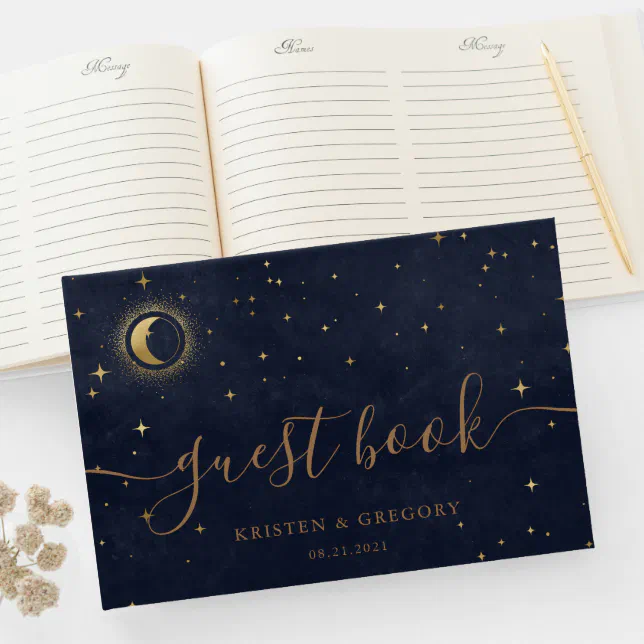Celestial Gold Crescent Moon Wedding Guest Book | Zazzle