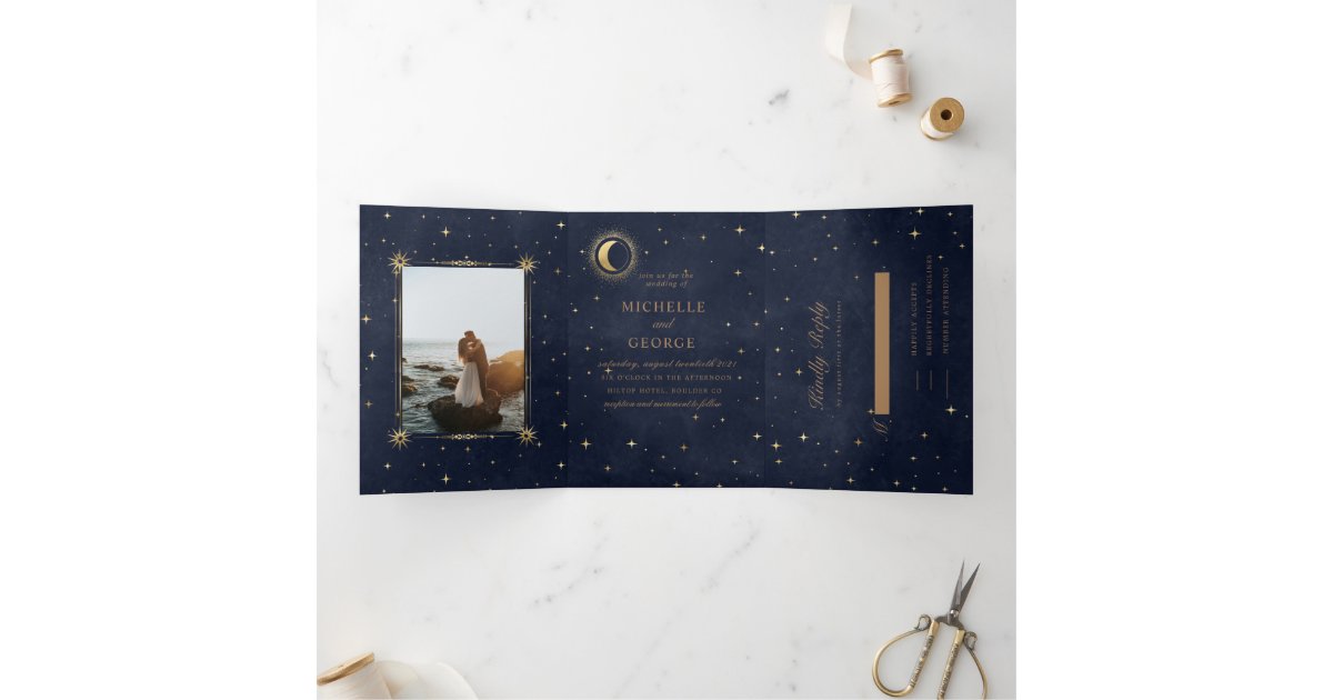 Celestial Gold Moon Tri Fold Wedding Invitation | Zazzle