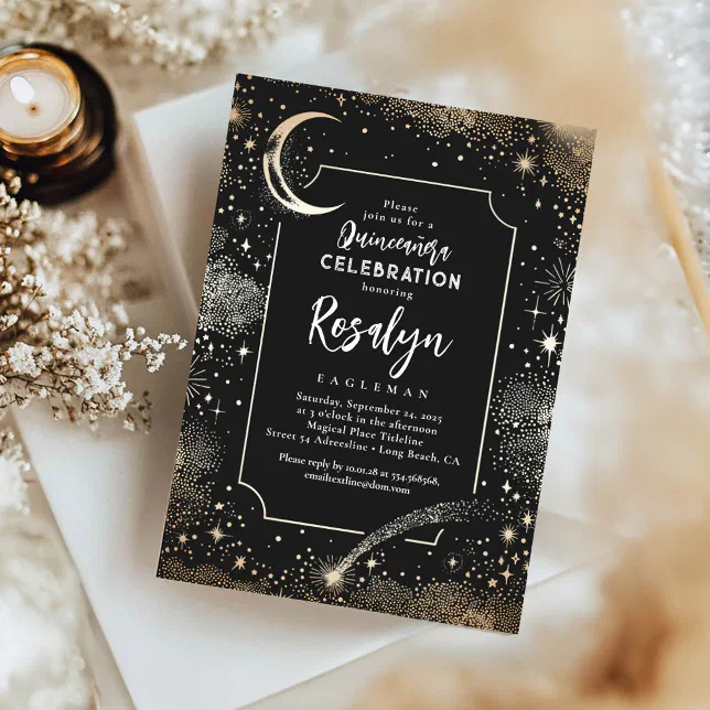 Celestial Gold Stars and Moon Night Quinceanera Invitation | Zazzle