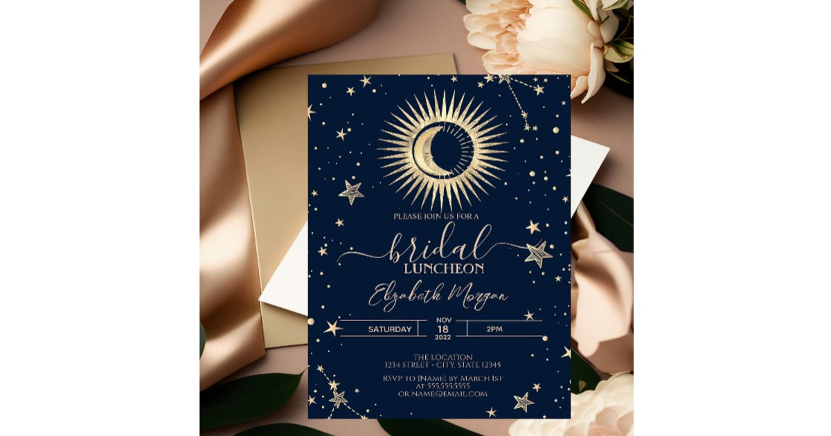 Celestial Gold Sun And Moon Stars Bridal Luncheon Invitation | Zazzle