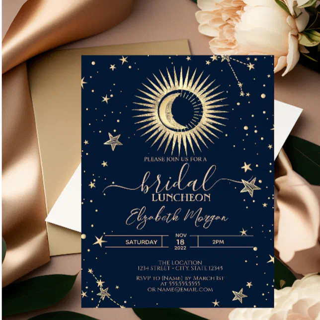 Celestial Gold Sun And Moon Stars Bridal Luncheon Invitation | Zazzle