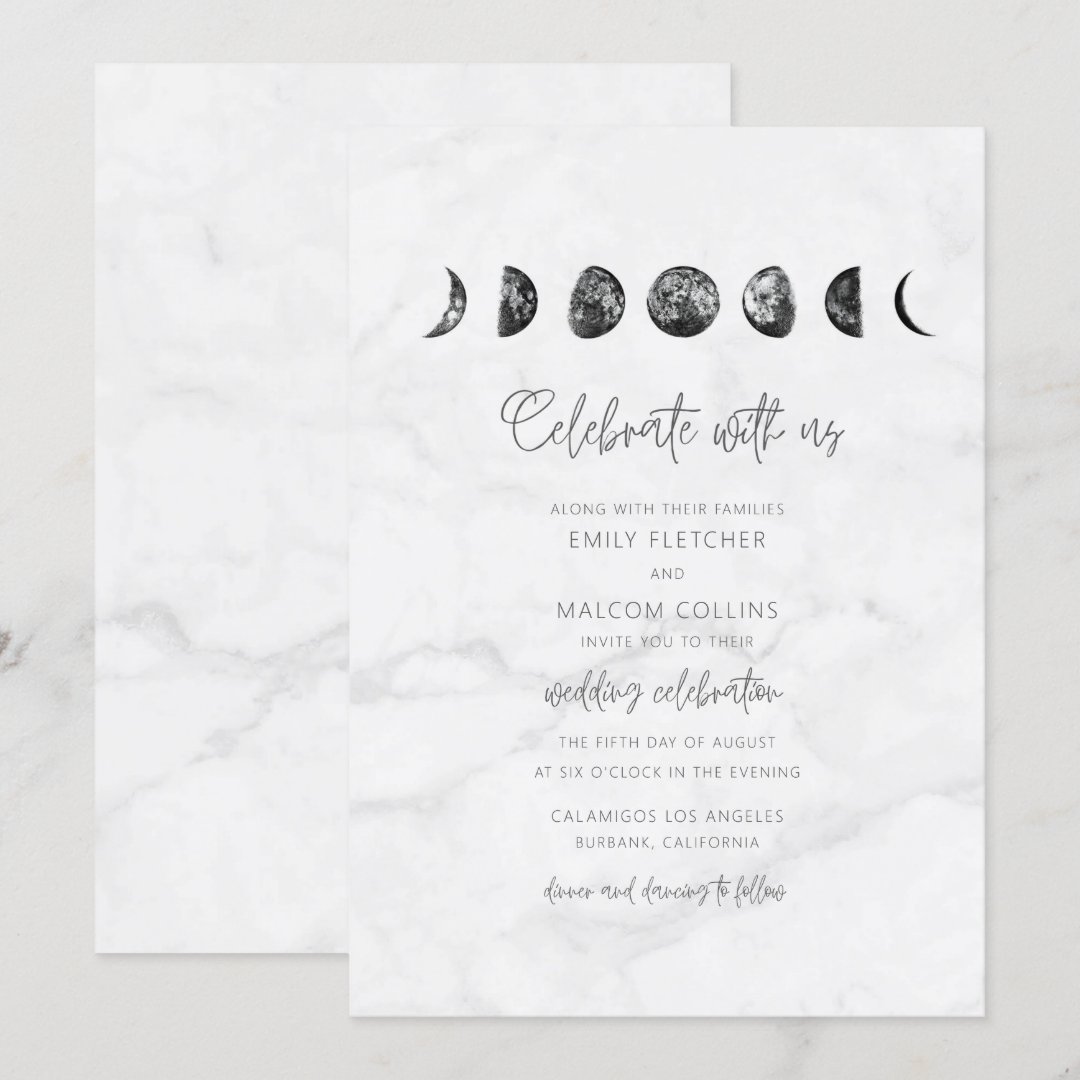 Celestial Gray Marble Moon Phases Wedding Invitation | Zazzle