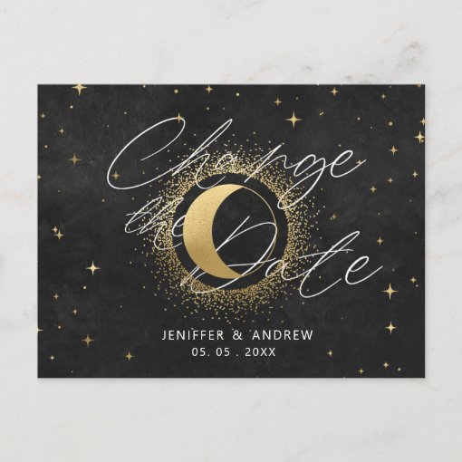 Celestial Midnight Black Gold Change the Date Postcard | Zazzle