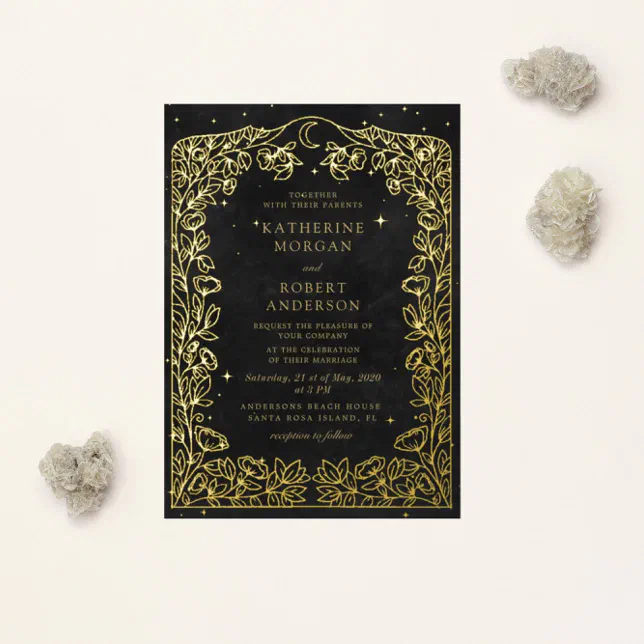 Celestial Midnight Black Stars Moon Wedding Foil Invitation | Zazzle