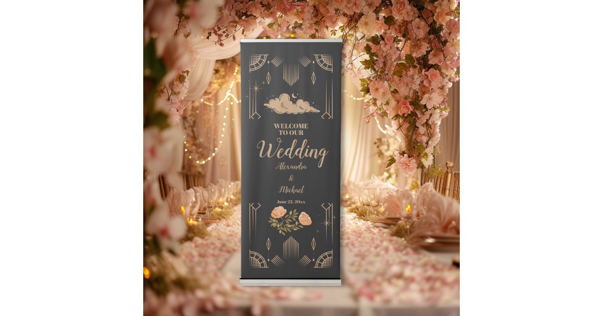 Celestial Midnight Black Stars Wedding Retractable Banner | Zazzle