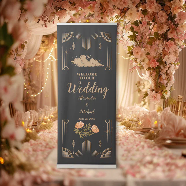 Celestial Midnight Black Stars Wedding Retractable Banner | Zazzle
