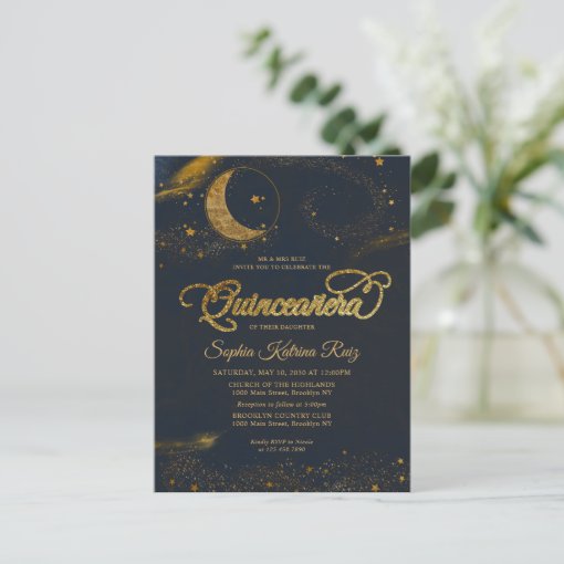Celestial Midnight Blue Gold Star Moon Quinceanera Postcard | Zazzle