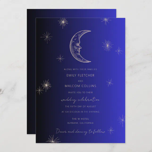 Celestial Midnight Blue Moon Stars Wedding Invitation | Zazzle