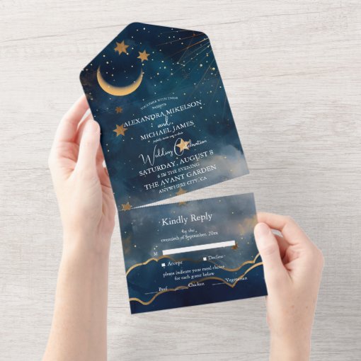 Celestial Midnight Blue Stars Moon Wedding All In One Invitation | Zazzle