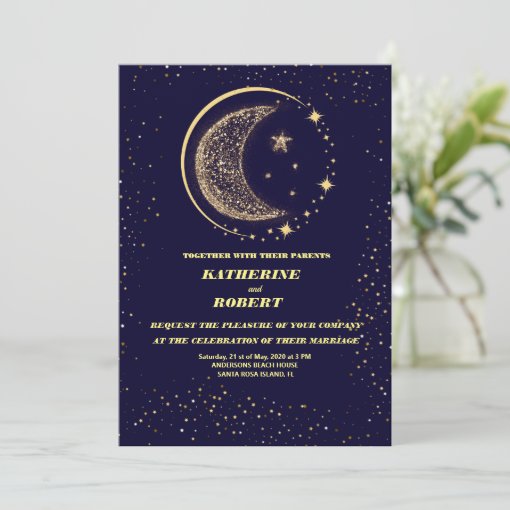 celestial midnight blue stars moon Wedding Invitation | Zazzle