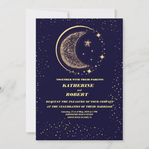 celestial midnight blue stars moon Wedding Invitation | Zazzle