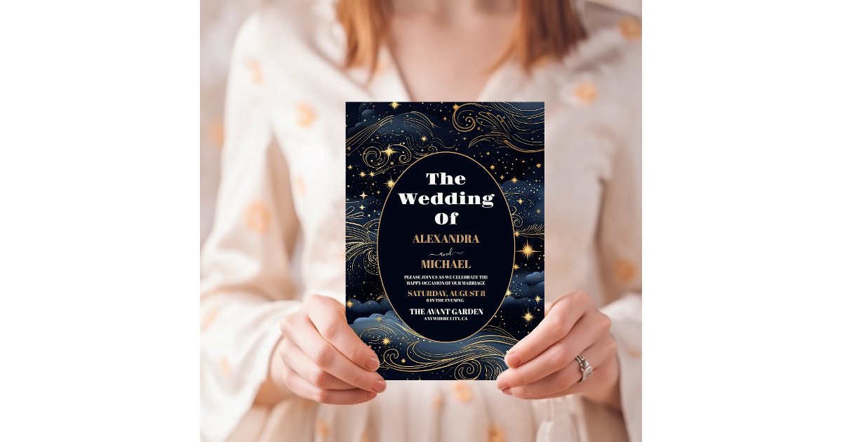 Celestial Midnight Blue Stars Moon Wedding Invitation | Zazzle