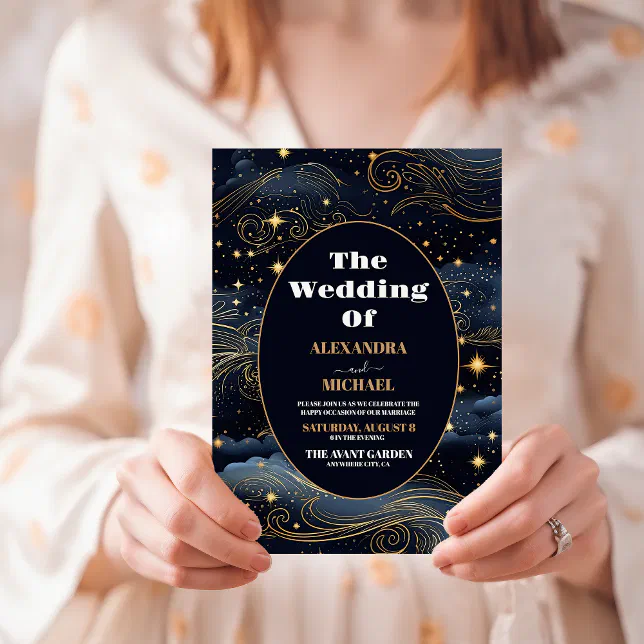 Celestial Midnight Blue Stars Moon Wedding Invitation | Zazzle