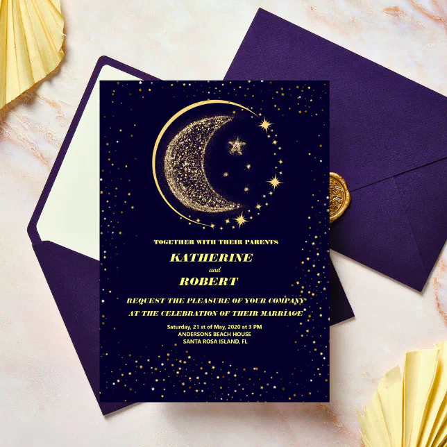 celestial midnight blue stars moon Wedding Invitation | Zazzle