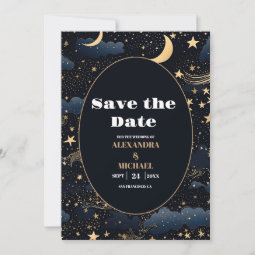 Celestial Midnight Blue Stars Moon Wedding Save The Date | Zazzle