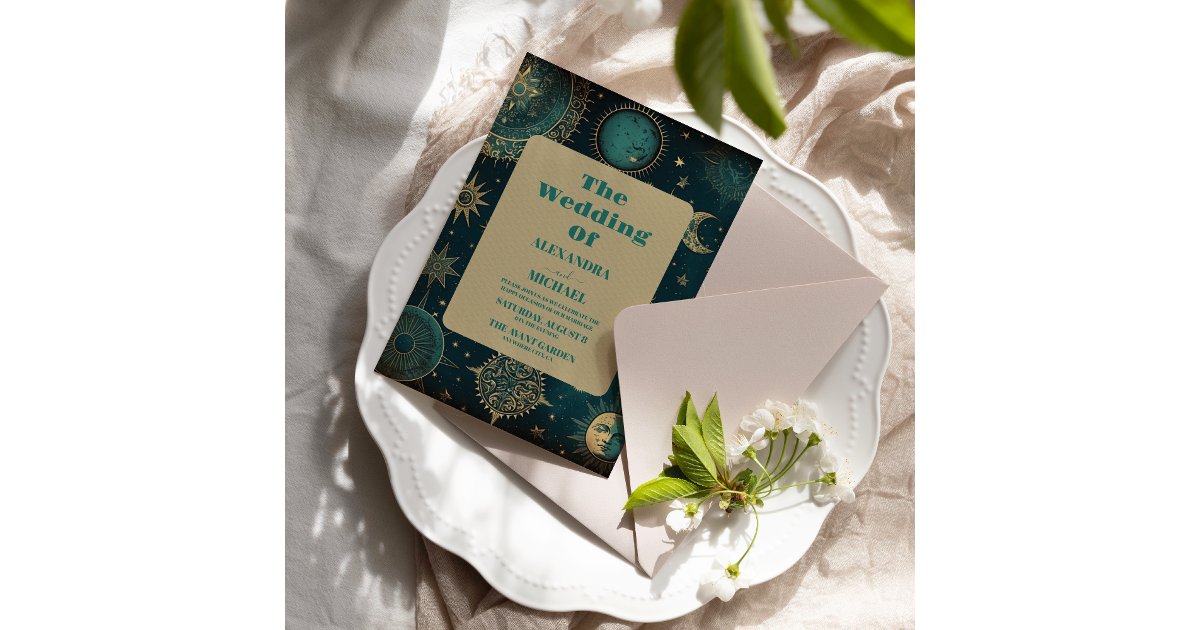 Celestial Midnight Green Gold Stars Wedding Invitation | Zazzle