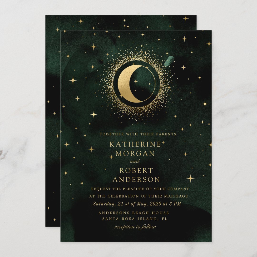 celestial midnight green stars moon Wedding Invitation | Zazzle
