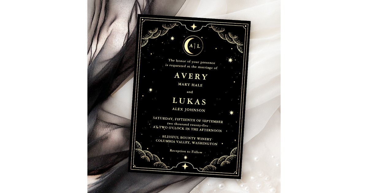 Celestial Midnight Sky Black Gold Wedding Invitation | Zazzle