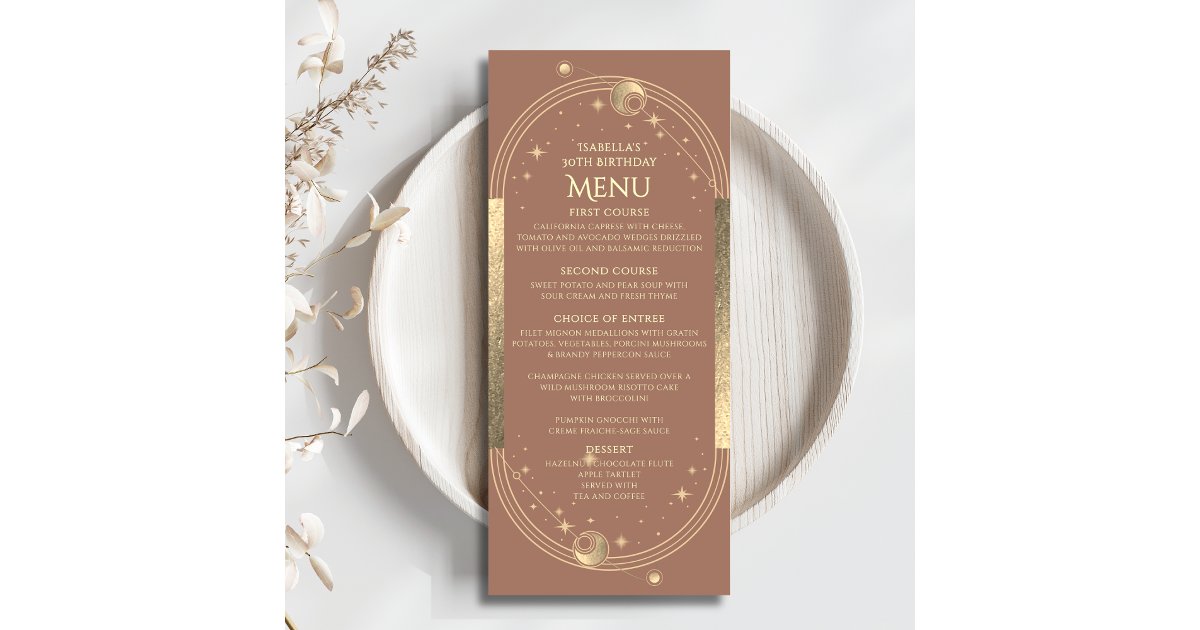 Celestial Mocha Gold Sun Moon Stars 30th Birthday Menu | Zazzle