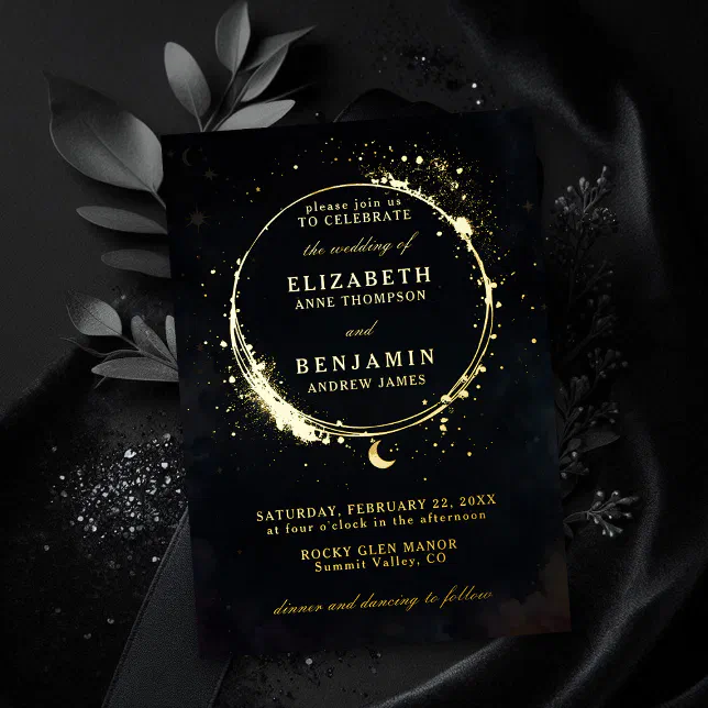 Celestial Moody Whimsical Elegant Gold Wedding Foil Invitation | Zazzle