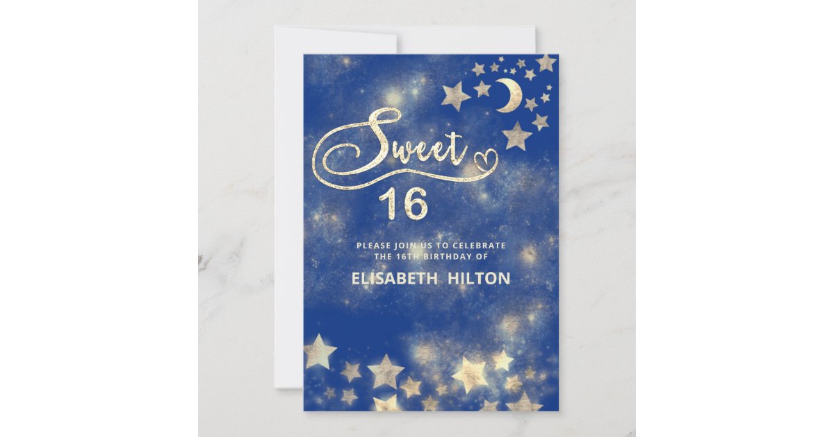 Celestial moon and stars calligraphy sweet sixteen invitation | Zazzle