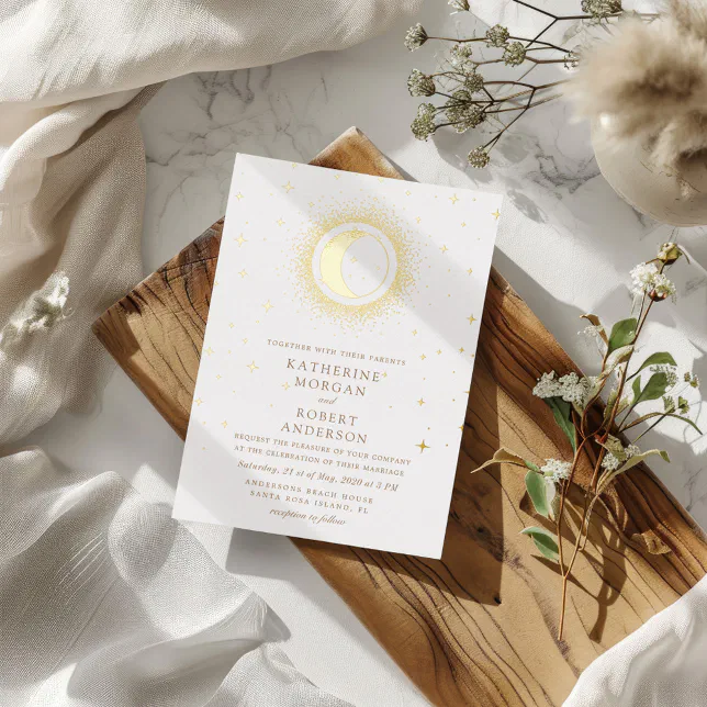 Celestial Moon And Stars Elegant Wedding Foil Invitation | Zazzle