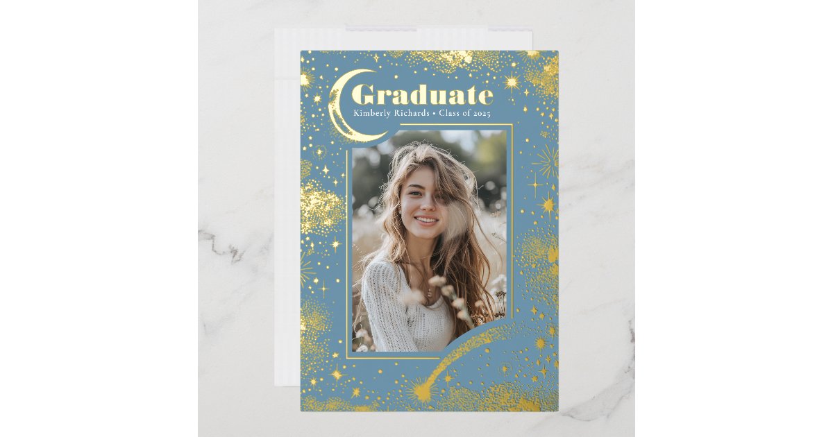 Celestial Moon and Stars Graduate Photo Graduation Foil Invitation | Zazzle