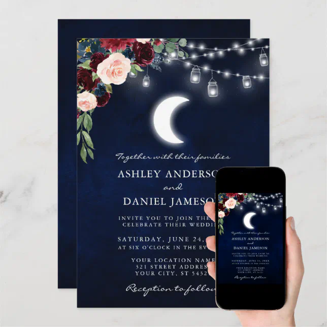 Celestial Moon Floral Jar Lights Photo Wedding Invitation | Zazzle