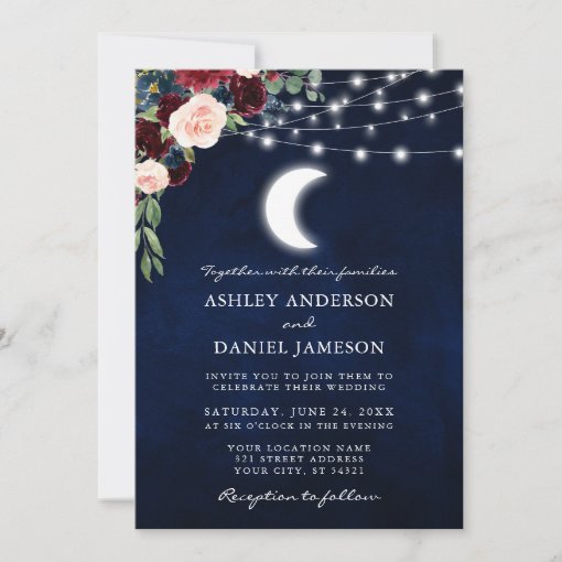 Celestial Moon Floral Lights Photo Wedding Invitation | Zazzle